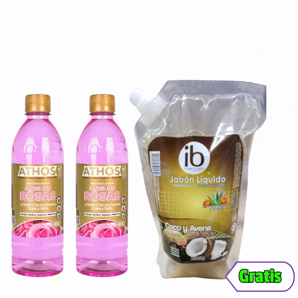 Agua De Rosas Athos 2 Unidades 500Ml Gratis Jabón Liquido Coco Y Avena ...